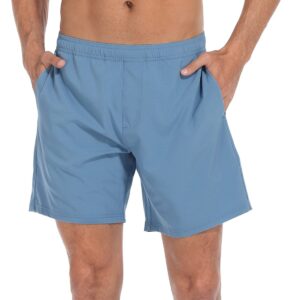 LRD Mens Athletic Workout Shorts with Compression Liner 7 inch Inseam Blue/Pink Surfer Dino - L