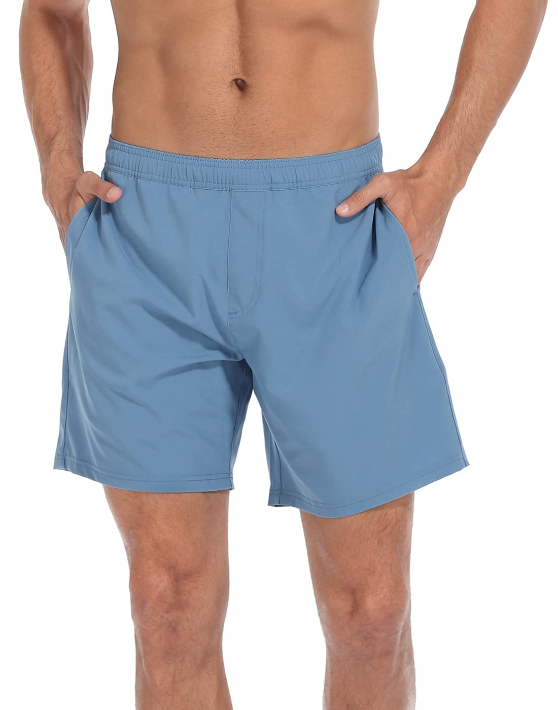 LRD Mens Athletic Workout Shorts with Compression Liner 7 inch Inseam Blue/Pink Surfer Dino - L