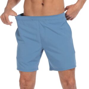 LRD Mens Athletic Workout Shorts with Compression Liner 7 inch Inseam Blue/Pink Surfer Dino - M