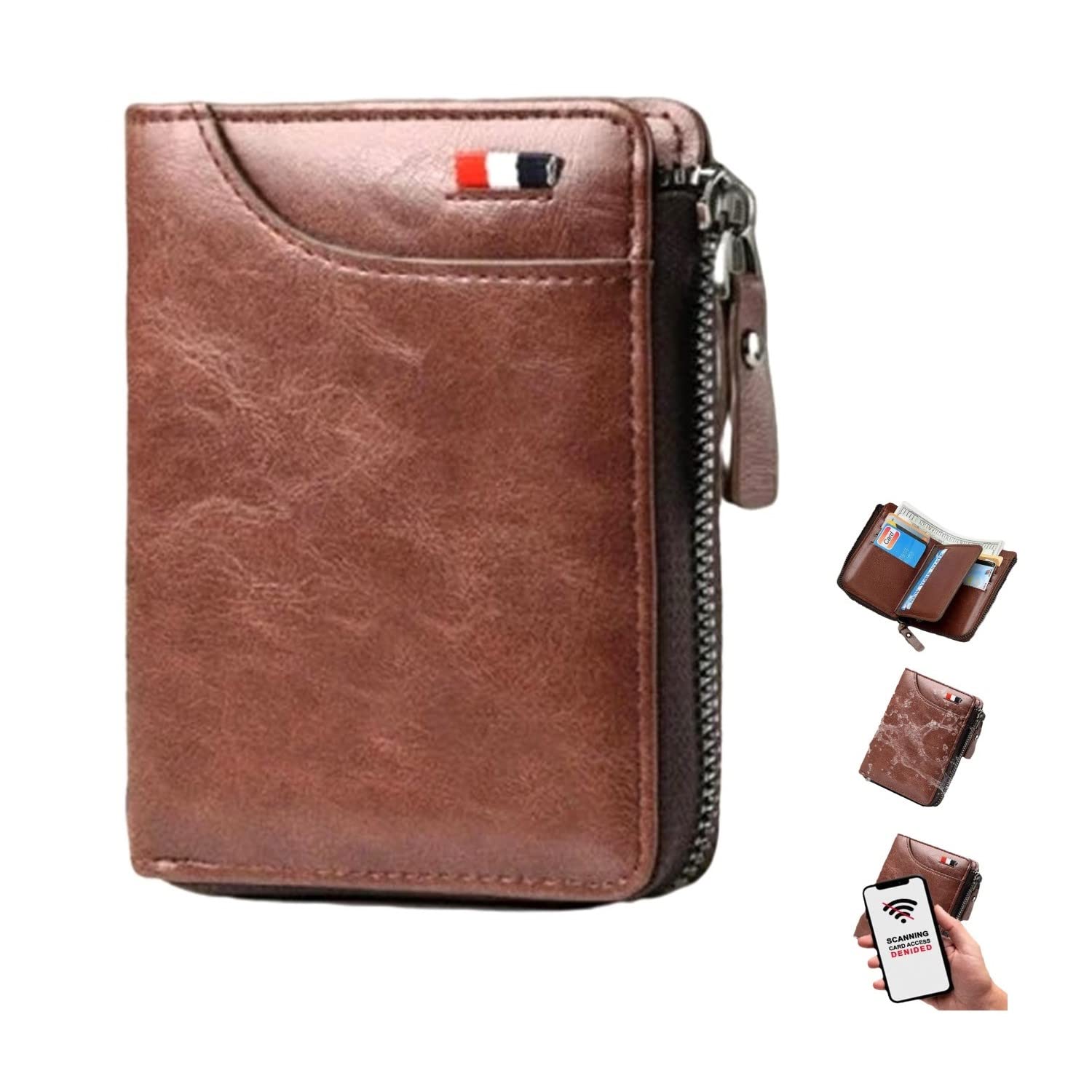 2023 New Multi-Functional RFID Blocking Waterproof Durable PU Leather Wallet, Large Capacity Zipper Wallets for Men Holds 1-14 Cards, Soft Slim Genuine Leather RFID Blocking Wallet Technology (BROWN)