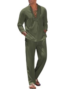 coofandy men's 2 piece linen sets casual long sleeve shirt and loose pants set beach vacation outfits, army green, large