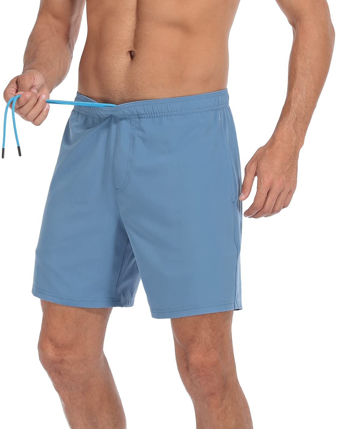 LRD Mens Athletic Workout Shorts with Compression Liner 7 inch Inseam Blue/Pink Surfer Dino - M