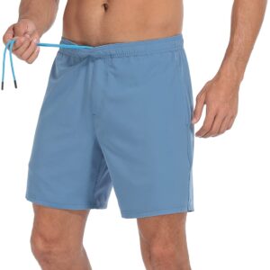 LRD Mens Athletic Workout Shorts with Compression Liner 7 inch Inseam Blue/Pink Surfer Dino - L