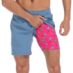 LRD Mens Athletic Workout Shorts with Compression Liner 7 inch Inseam Blue/Pink Surfer Dino - M