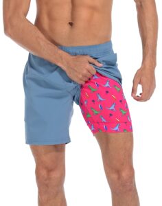 lrd mens athletic workout shorts with compression liner 7 inch inseam blue/pink surfer dino - l