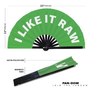 I Like It Raw Hand Fan Foldable Bamboo Circuit Hand Fan Funny Gag Slang Words Expressions Statement Gifts Festival Accessories Rave Handheld Circuit Event Fan Clack Fans (Green)