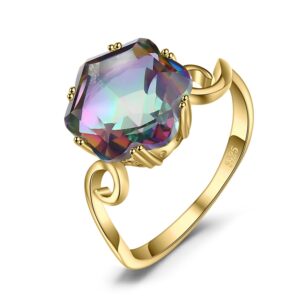 jewelrypalace fancy cut 5.7ct multicolor genuine rainbow quartz cocktail rings for her, 14k yellow gold plated 925 sterling silver ring for women, natural gemstone jewelry rings 7