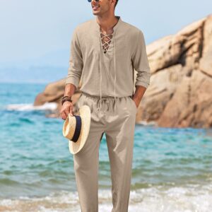 COOFANDY Men's 2 Piece Linen Set Long Sleeve Henley Shirts Casual Beach Pants With Pockets Summer Yoga Outfits