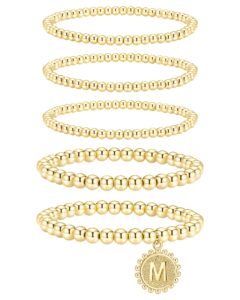 adoyi gold bracelets for women, gold chain bracelet sets 14k gold initial beaded bracelets adjustable stretch stackable layered m bracelet set for women teen girls jewelry gifts