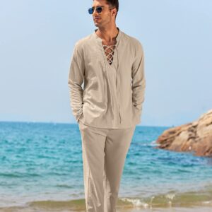 COOFANDY Men's 2 Piece Linen Set Long Sleeve Henley Shirts Casual Beach Pants With Pockets Summer Yoga Outfits