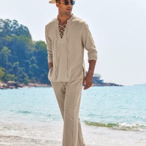 COOFANDY Men's 2 Piece Linen Set Long Sleeve Henley Shirts Casual Beach Pants With Pockets Summer Yoga Outfits