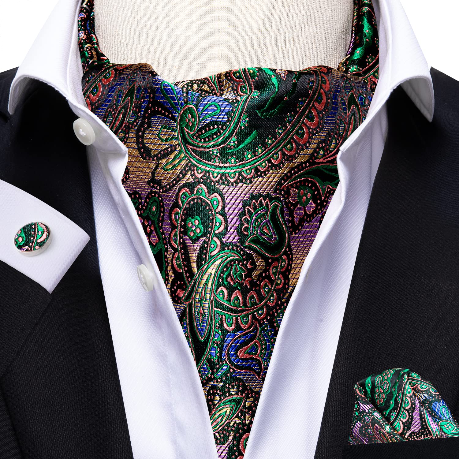 Hi-Tie Men's Cravat And Flower Lapel Pin Set Jacquard Silk Ascot Handkerchief Cufflinks For Wedding Party Daily Dress,Green and Pink