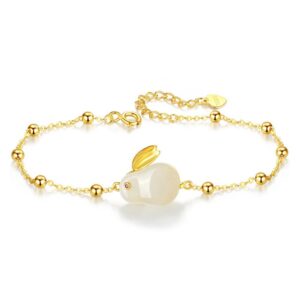 rofeego natural white jade rabbit bunny charm link bracelet 925 sterling silver adjustable mother's day gift anniversary jewelry birthday gifts for women wife girlfriend her (22k gold plated)