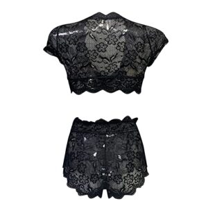 Lace Lingerie Set for Women Floral Lace Scalloped Trim Bra and Panty Underwear Outfits Women's Exotic Lingerie Sets Ladies Cap Sleeve Crop Tops with High Waist Underpants Panties 2 Piece Black