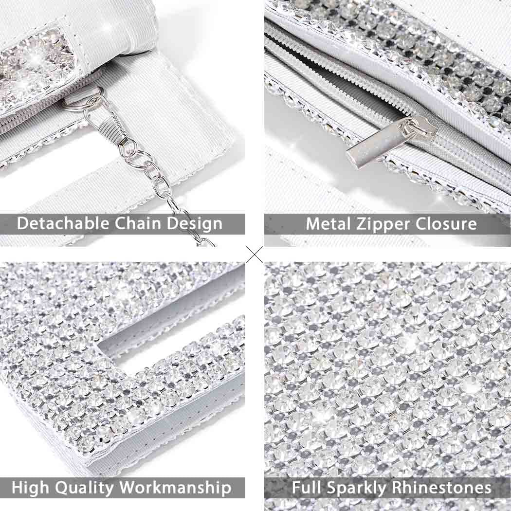 Yokawe Rhinestone Purses for Women Evening Handbags Sparkly Silver Crossbody Bag Vacation Club Party Wedding Clutch