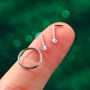 COCHARM 3pcs G23 Titanium Nose Stud Set 20g White Opal Nose Stud Ring Surgical Steel Nose Bone 20 Gauge Opal Nose Piercing Nose Hoop Corkscrew Nose Jewelry