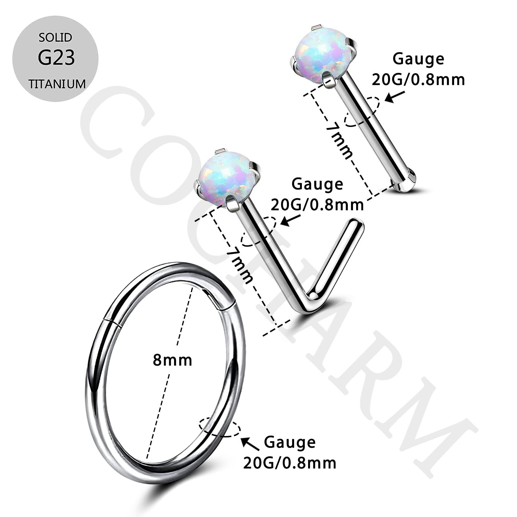 COCHARM 3pcs G23 Titanium Nose Stud Set 20g White Opal Nose Stud Ring Surgical Steel Nose Bone 20 Gauge Opal Nose Piercing Nose Hoop Corkscrew Nose Jewelry