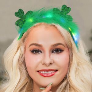 CAKURE Led Green Feather Headband ST'Patrick's Day Shamrock Hairbands Light Up Hair Hoop Festivel Party Headwear Hair Accessories for Women and Girls