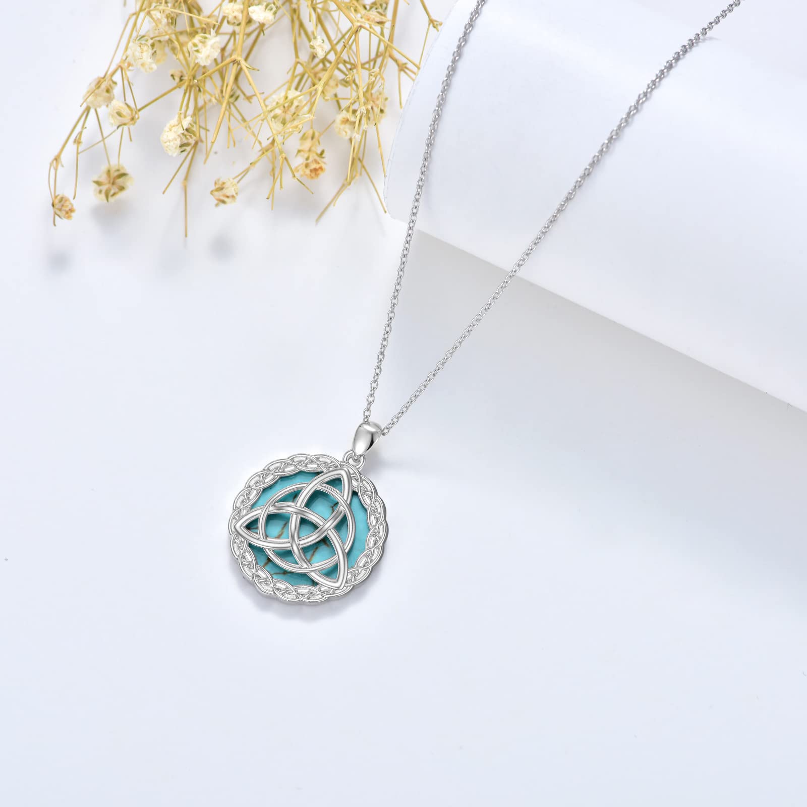 BETHZA Celtic Necklace 925 Sterling Silver Genuine Turquoise Trinity Knot Pendant Good Luck Irish Jewelry Gift for Women Christmas St. Patrick's Day