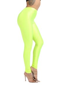 ofenti shiny leggings high waist neon leggings elastic stretch skinny comfy lightweight pants tights disco party rave neon yellow medium