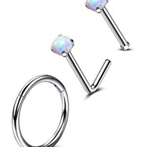 COCHARM 3pcs G23 Titanium Nose Stud Set 20g White Opal Nose Stud Ring Surgical Steel Nose Bone 20 Gauge Opal Nose Piercing Nose Hoop Corkscrew Nose Jewelry