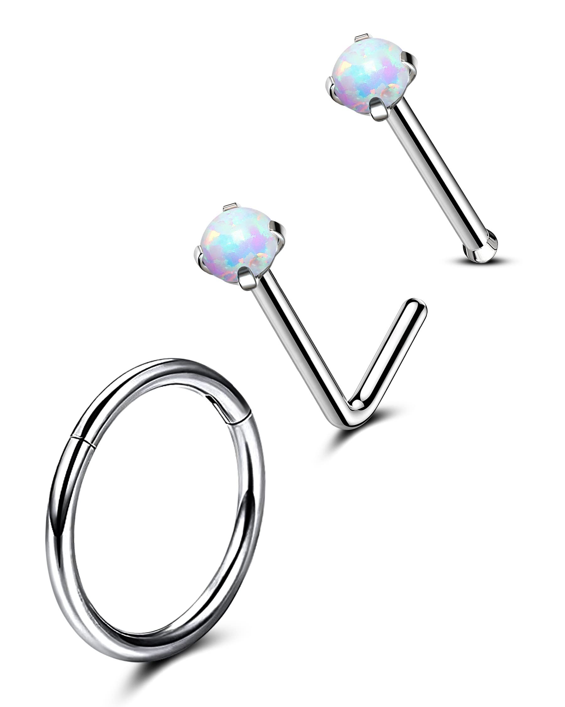 COCHARM 3pcs G23 Titanium Nose Stud Set 20g White Opal Nose Stud Ring Surgical Steel Nose Bone 20 Gauge Opal Nose Piercing Nose Hoop Corkscrew Nose Jewelry