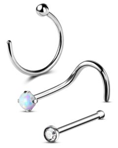 cocharm 3pcs g23 titanium nose stud set 20g white opal nose screw 2mm cz nose bone 20 gauge white opal nose piercing nose hoop nose corkscrew hypoallergenic nose jewelry