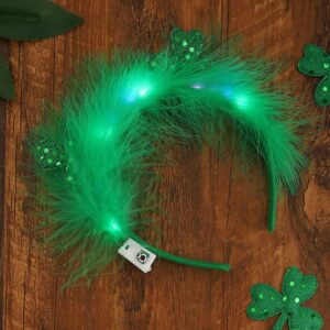 cakure led green feather headband st'patrick's day shamrock hairbands light up hair hoop festivel party headwear hair accessories for women and girls