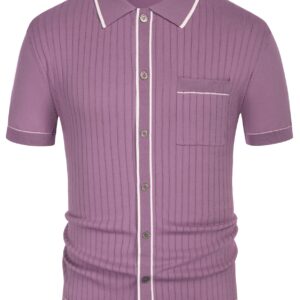 Mens Short Sleeve Knit Shirt Vintage Button Down Golf Polo Shirt Purple S