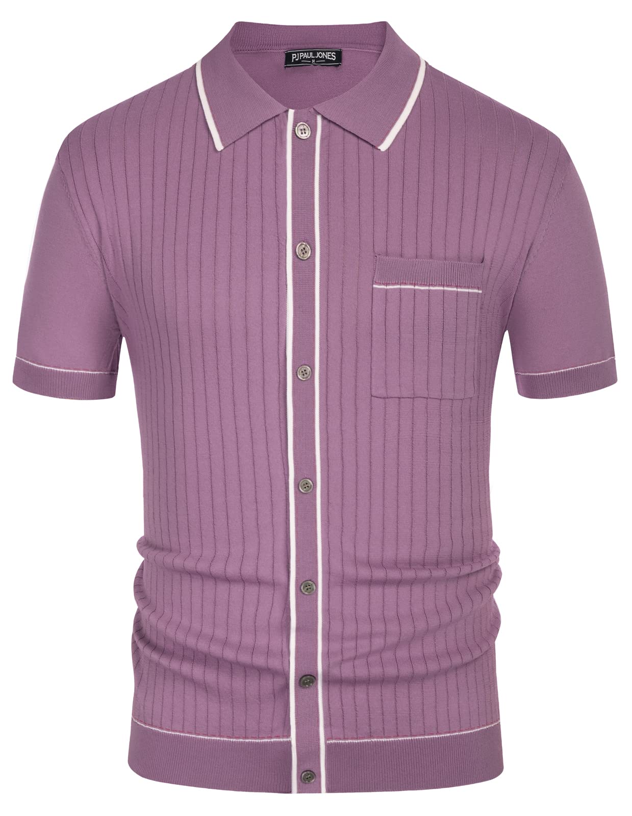 Mens Short Sleeve Knit Shirt Vintage Button Down Golf Polo Shirt Purple S