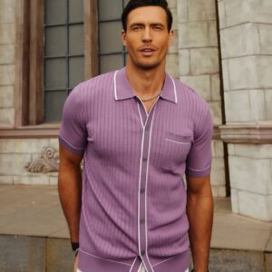 Mens Short Sleeve Knit Shirt Vintage Button Down Golf Polo Shirt Purple S