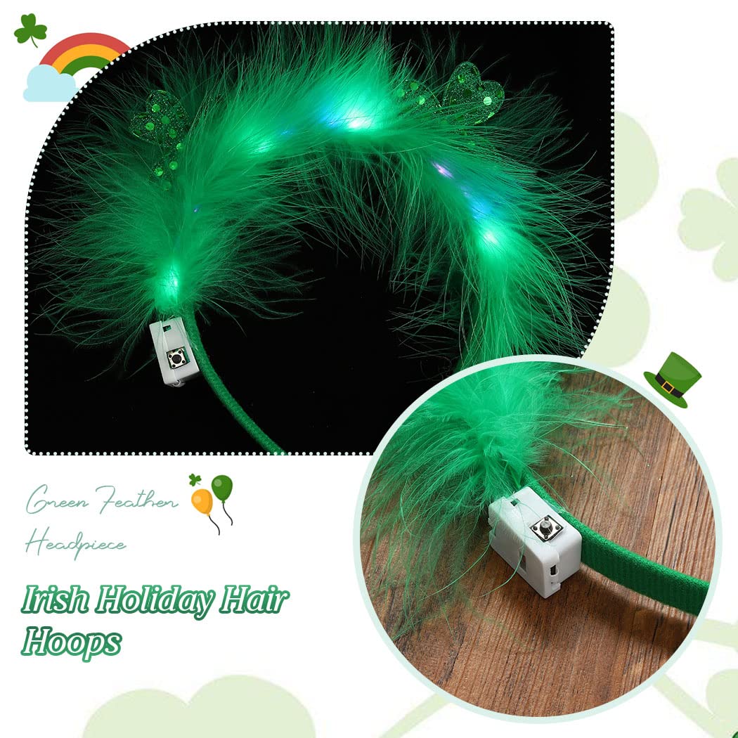 CAKURE Led Green Feather Headband ST'Patrick's Day Shamrock Hairbands Light Up Hair Hoop Festivel Party Headwear Hair Accessories for Women and Girls