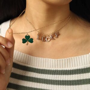 Sixexey St.Patrick's Day Necklace Shamrock Clover Necklaces Gold Neck Chain LUCKY Letter Saint Patrick's Day Parade Necklace Jewelry for Women