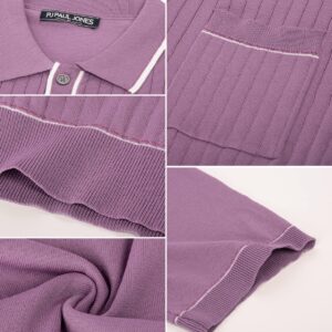 Mens Short Sleeve Knit Shirt Vintage Button Down Golf Polo Shirt Purple S