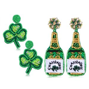 vogueknock 2 pairs champagne earrings beaded champange bottle drop dangle earrings green st.patrick's day shamrock earrings birthday holiday parties gifts