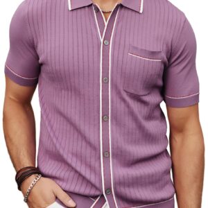 Mens Short Sleeve Knit Shirt Vintage Button Down Golf Polo Shirt Purple S