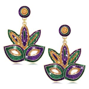 mardi gras earrings for women, glitter crown mask fleur de lis earrings for fat tuesday celebration, mardi gras accessory carnival parade party favors gifts (style b)