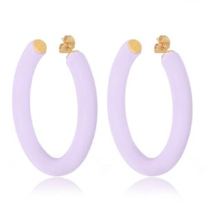 Yellow Gold Plated Sterling Silver Matte Lavender Open Hoop Earrings for Women - 57MM