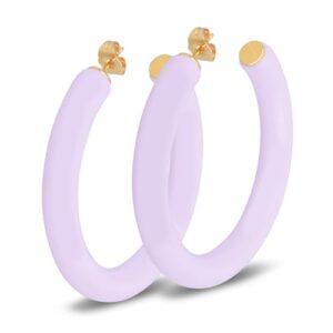 Yellow Gold Plated Sterling Silver Matte Lavender Open Hoop Earrings for Women - 57MM