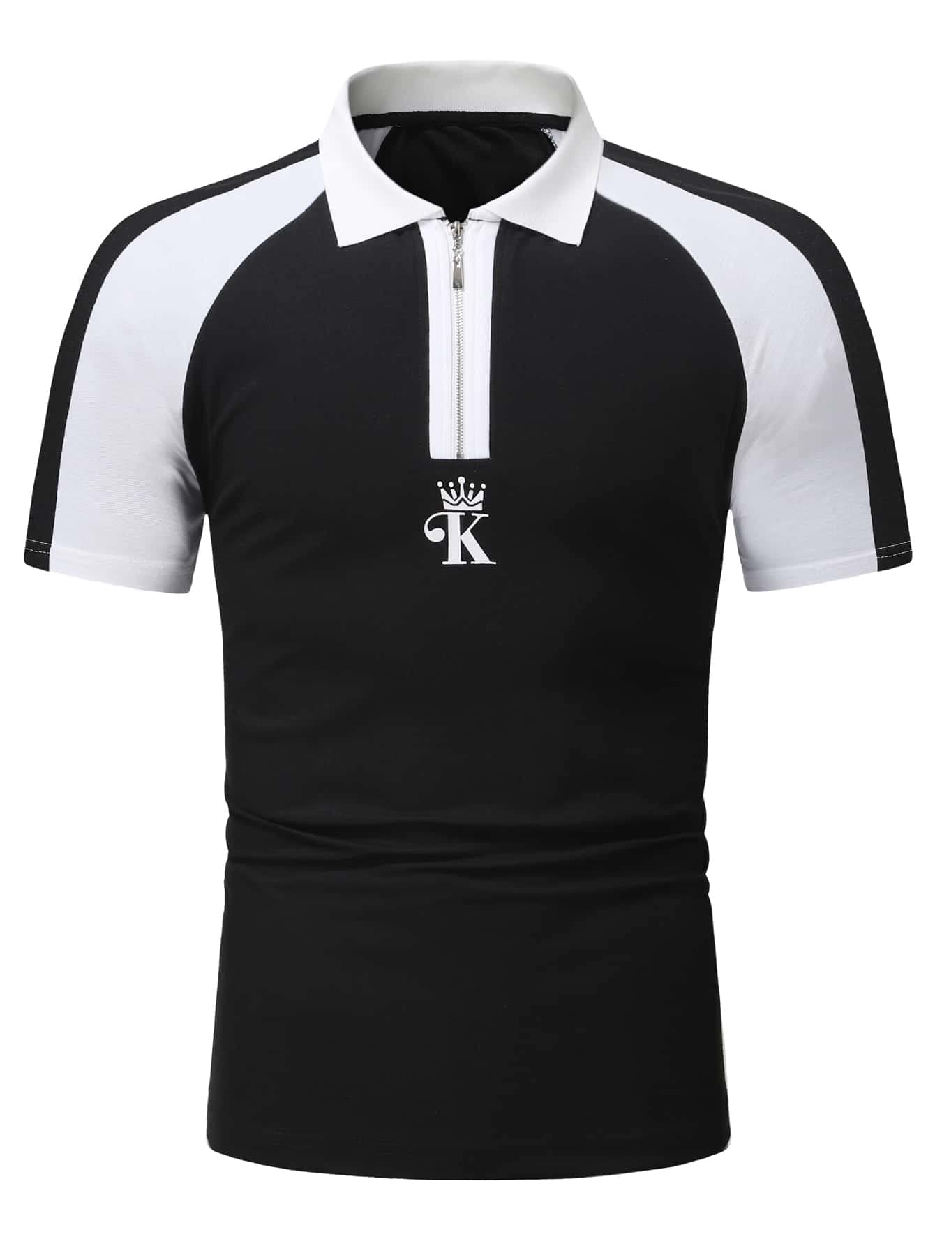 GORGLITTER Men's Color Block Letter Graphic Polo Shirt Zipper Raglan Short Sleeve Collar Tops Black Small