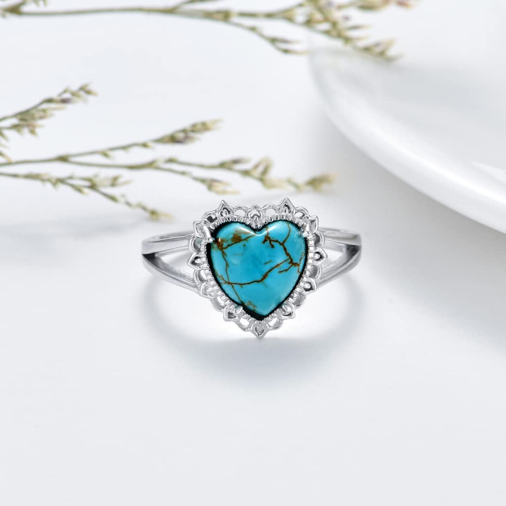 BETHZA Natural Turquoise Rings for Women 925 Sterling Silver Heart Shape Genuine Turquoise Statement Ring Western Jewelry Gifts for Wife Size 7