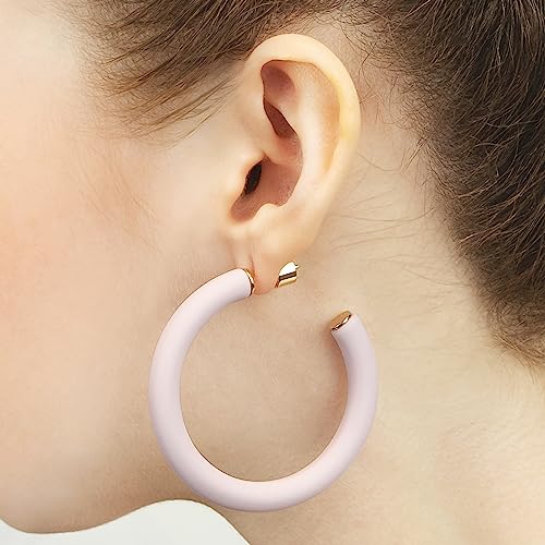 Yellow Gold Plated Sterling Silver Matte Lavender Open Hoop Earrings for Women - 57MM