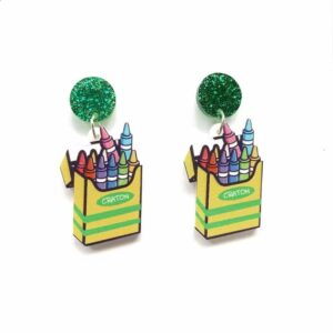 dangle pair of crayon style earrings for women, teachers, librarians, educators and more. cute pair of color earrings for artiest, art teachers, acrylic, no gemstone