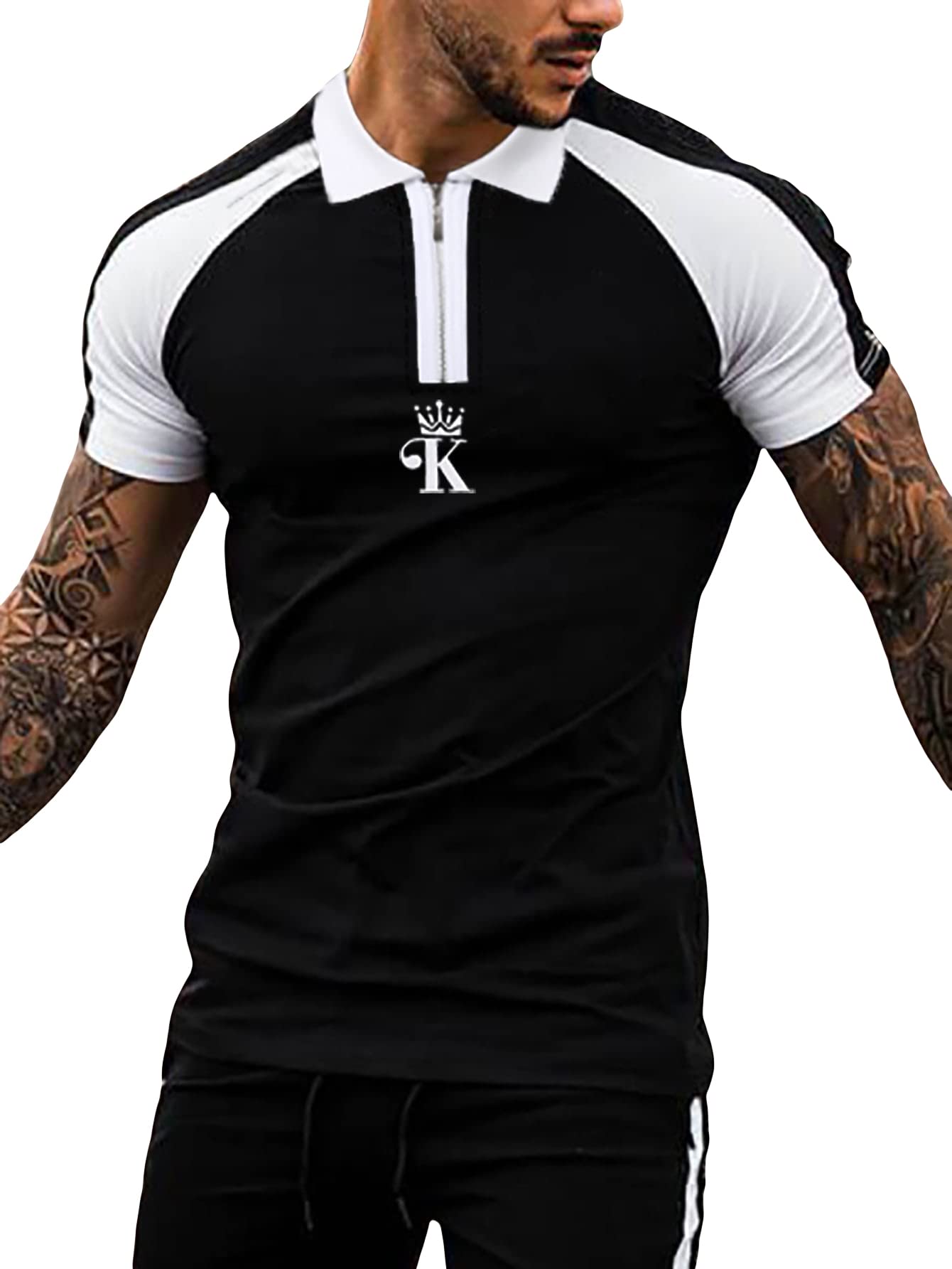 GORGLITTER Men's Color Block Letter Graphic Polo Shirt Zipper Raglan Short Sleeve Collar Tops Black Small