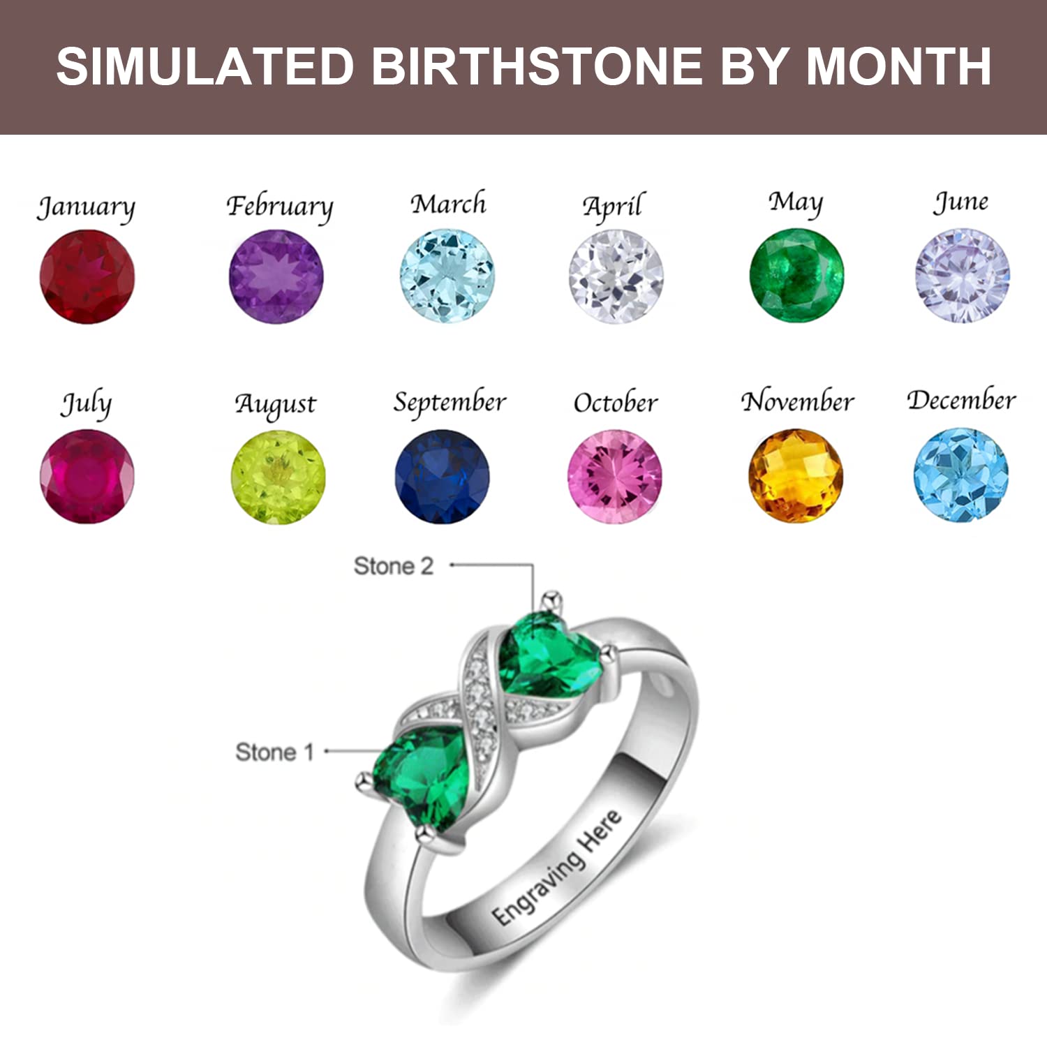 YDD Personalized Birthstone Rings for women Infinity Ring Mothers Rings with 2 Heart Birthstone Ring 10K 14K 18K Gold Custom Engraved Engagement Promise Rings for Women