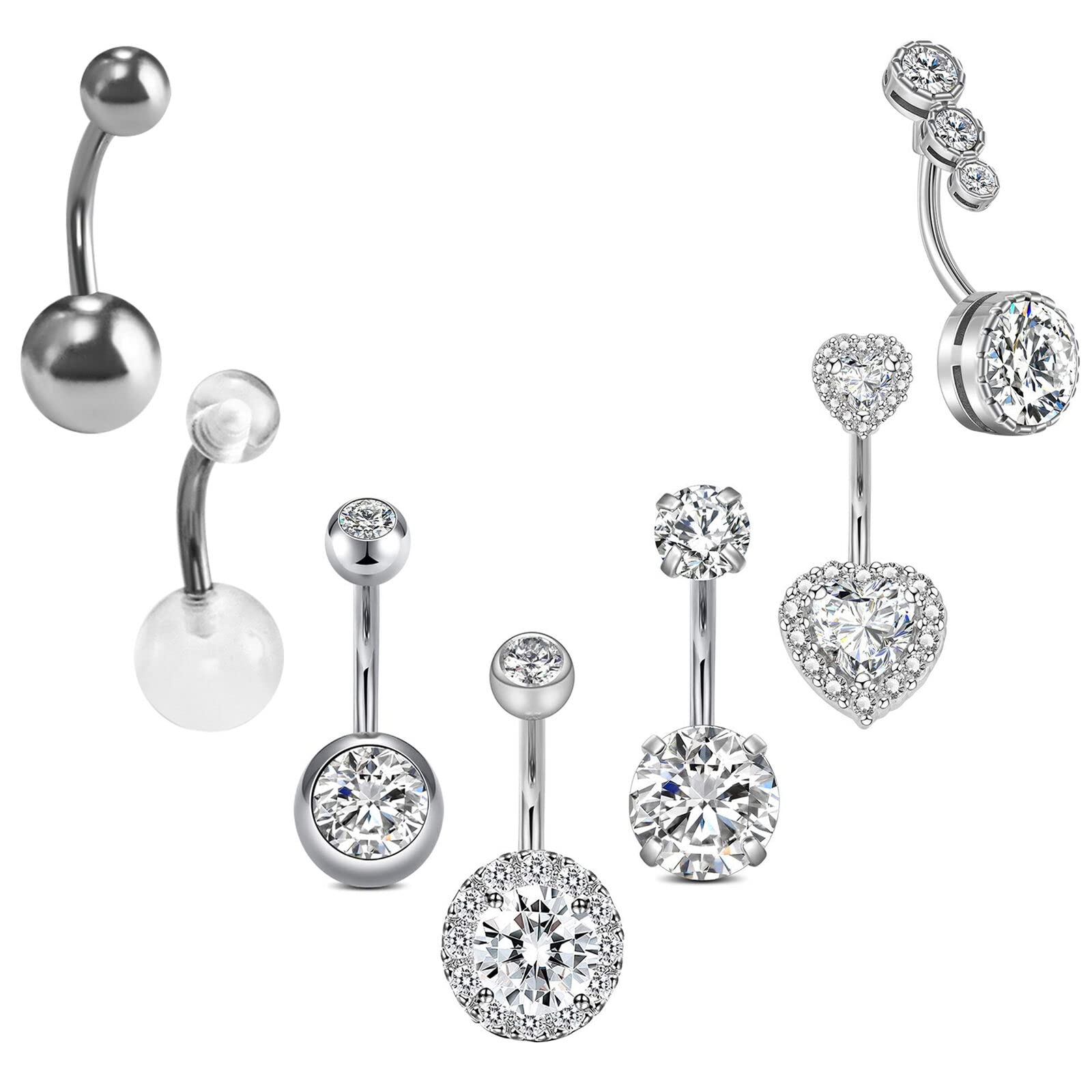 7pcs 14G Surgical Steel Clear CZ Belly Button Rings Navel Rings Barbell Piercing Style_GHT-875-638