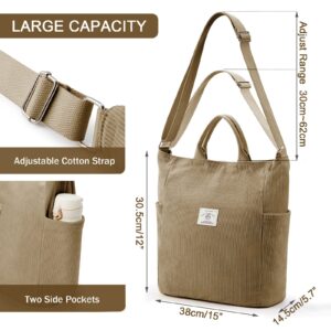 KALIDI Corduroy Tote Bag, Zipper Messenger Bag Shoulder Hobo Anti Splash Crossbody Bag Casual Work Shopping Women Khaki