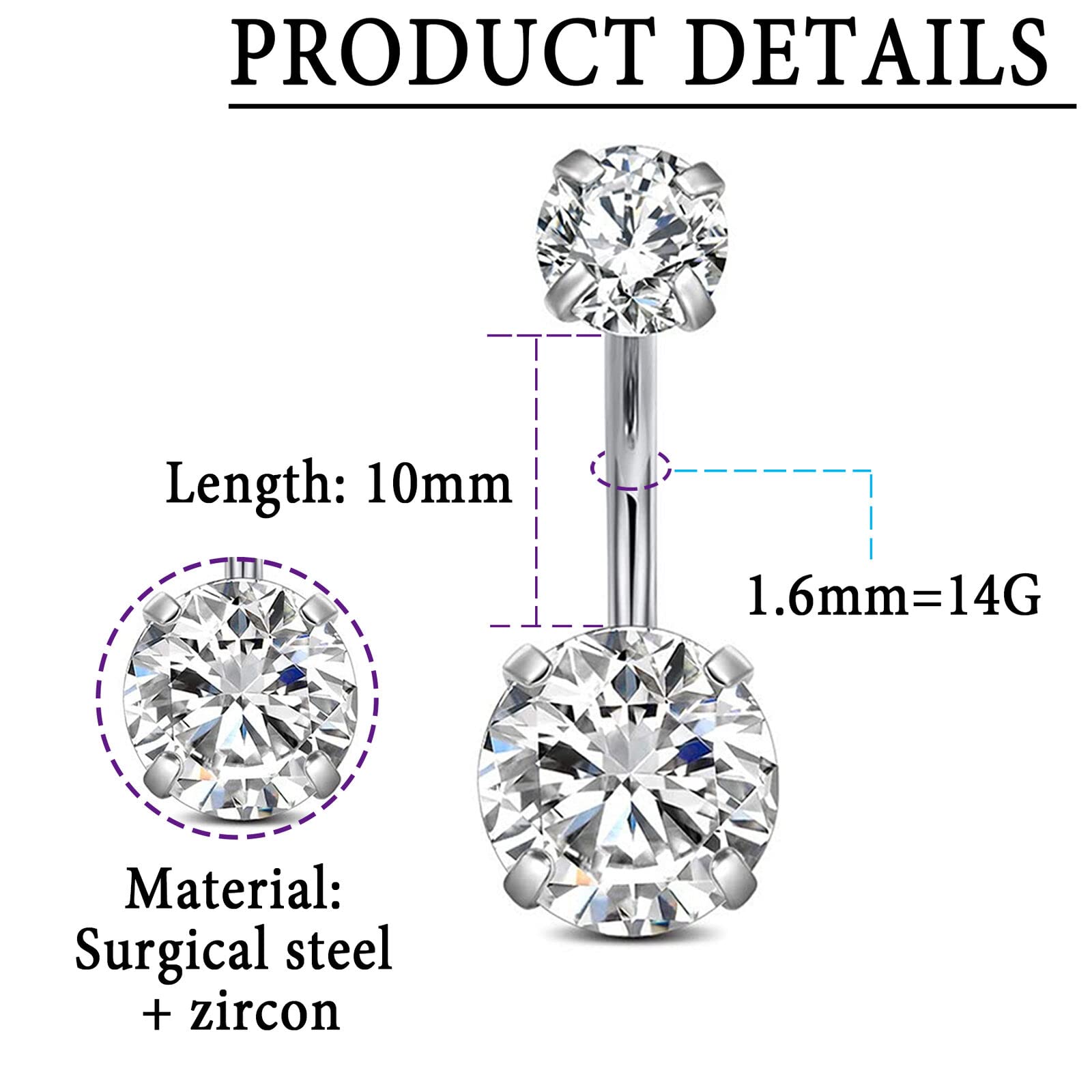 7pcs 14G Surgical Steel Clear CZ Belly Button Rings Navel Rings Barbell Piercing Style_GHT-875-638