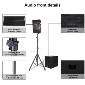 PRORECK Club 3500 15 inch subwoofer 3000W DJ Powered PA Speaker System Combo Set with 8 Array Speakers，Bluetooth, USB, SD Card, Remote Control, for Meeting, Speeches, Churches, Performances, DJ Gig