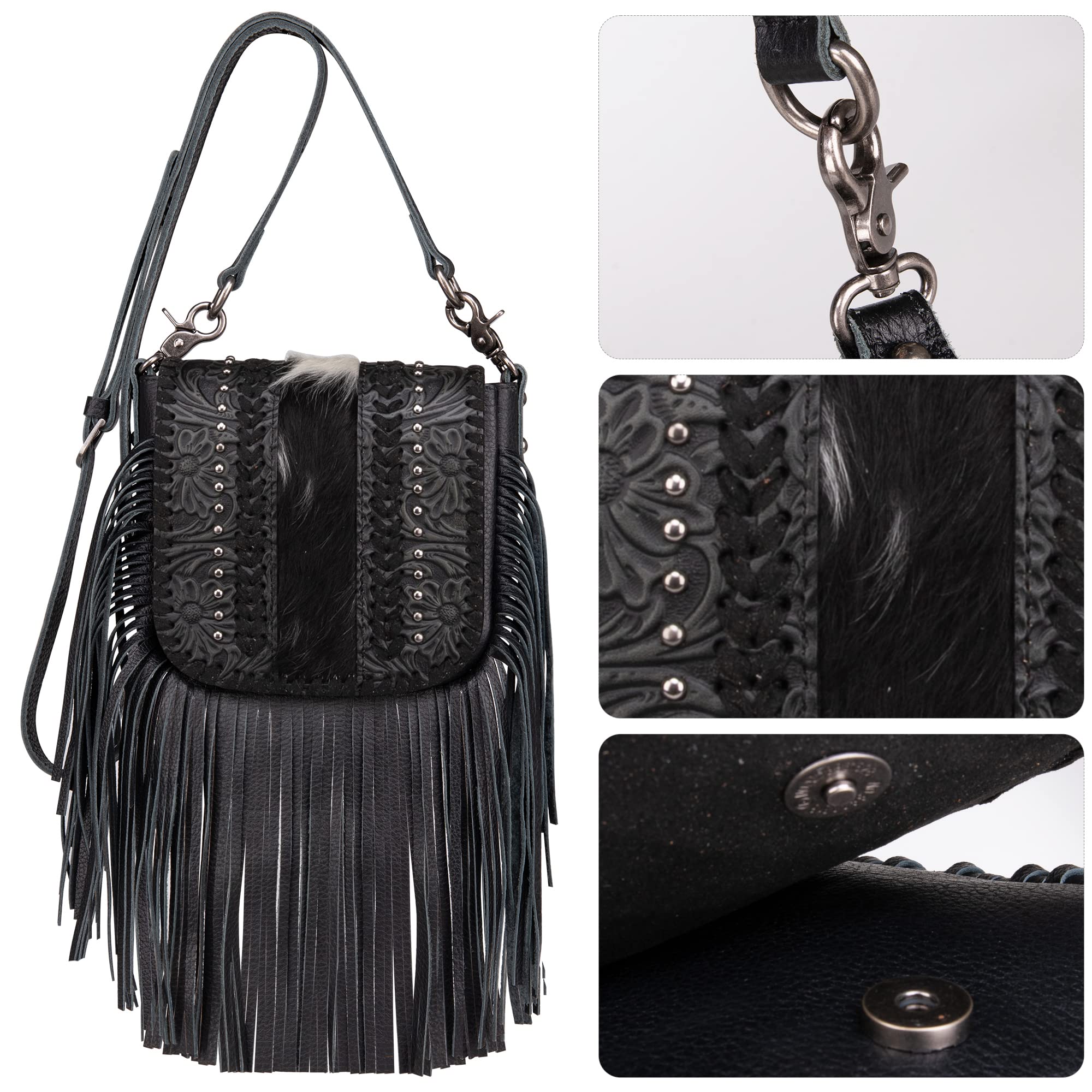 Montana West Fringe Purse Western Purses for Women Crossbody Bag Small Vegan Leather Cowhide Women's Crossbody Handbags Black RLC-L168BK